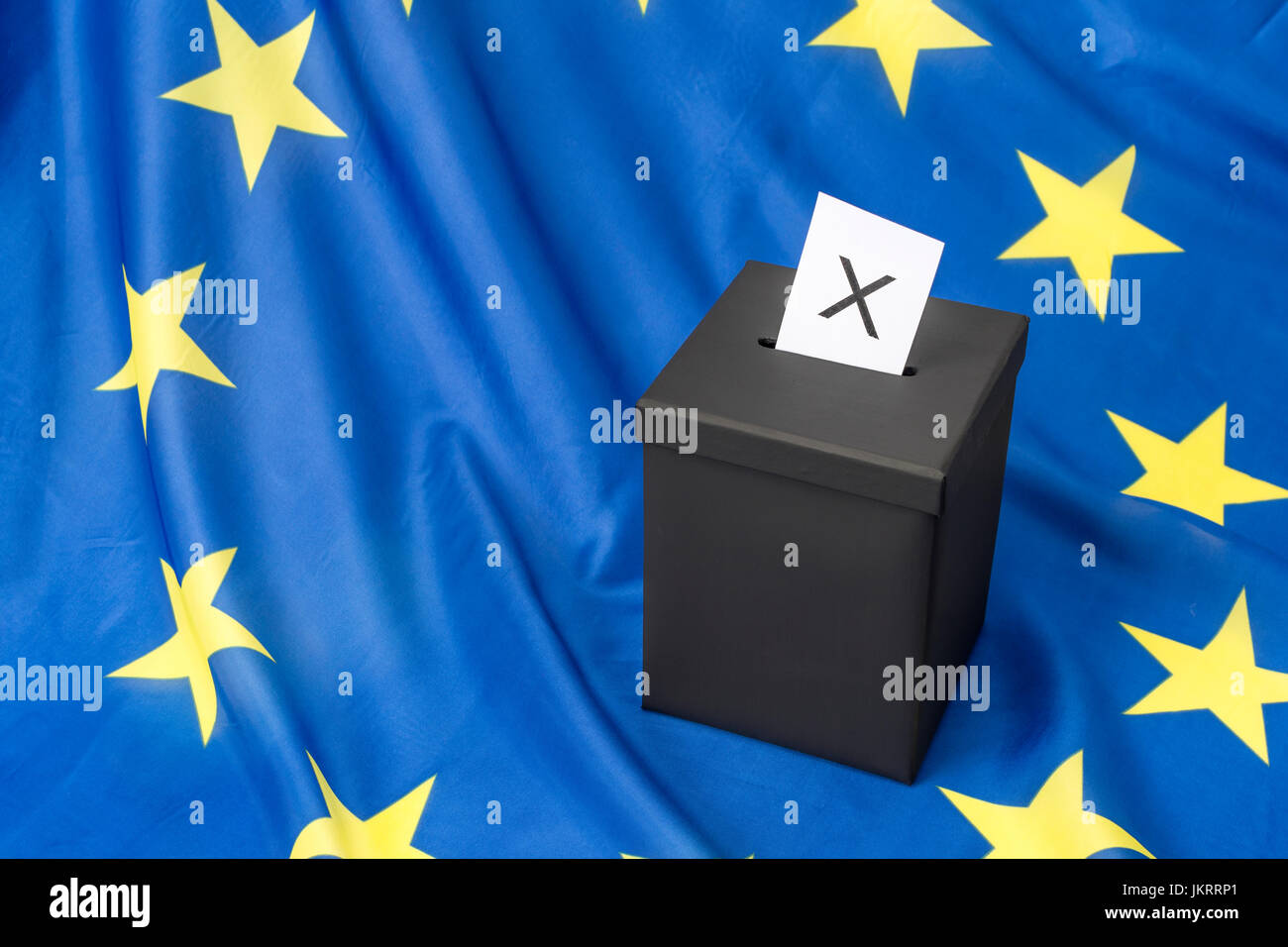 Blue and yellow EU flag with miniature black ballot box and voting ...