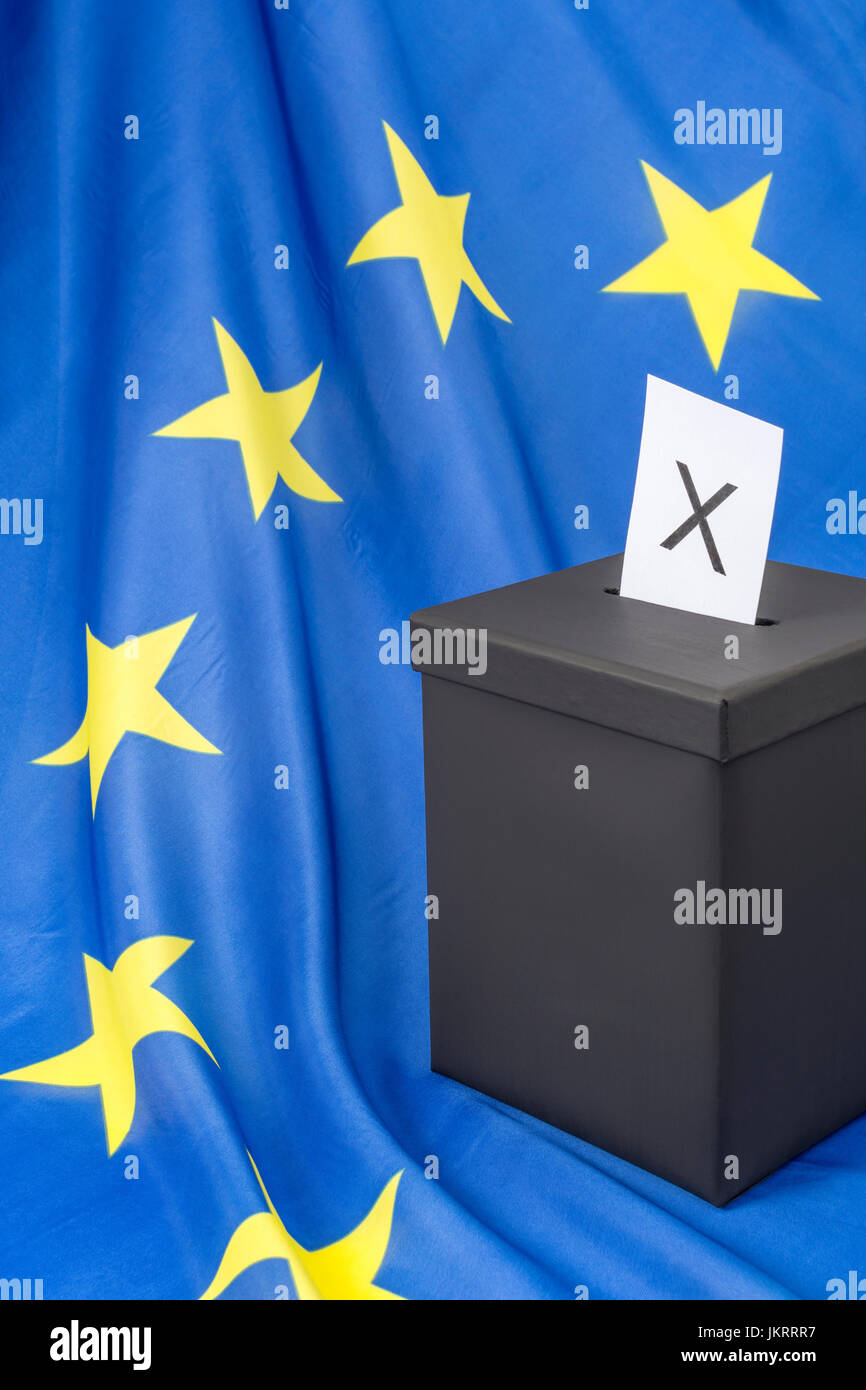 Blue and yellow EU flag with miniature black ballot box and voting ...