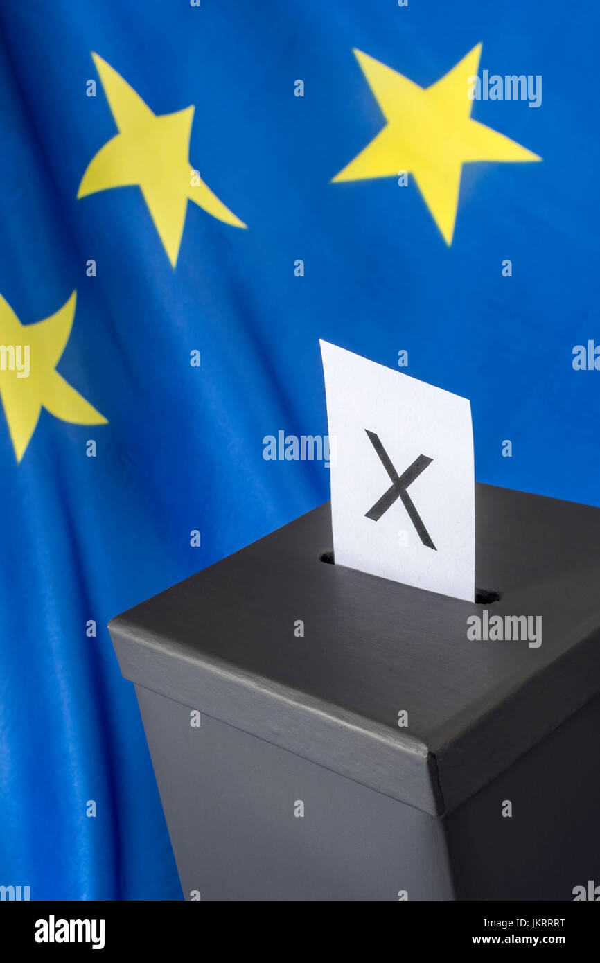 Blue and yellow EU flag with miniature black ballot box and voting ...
