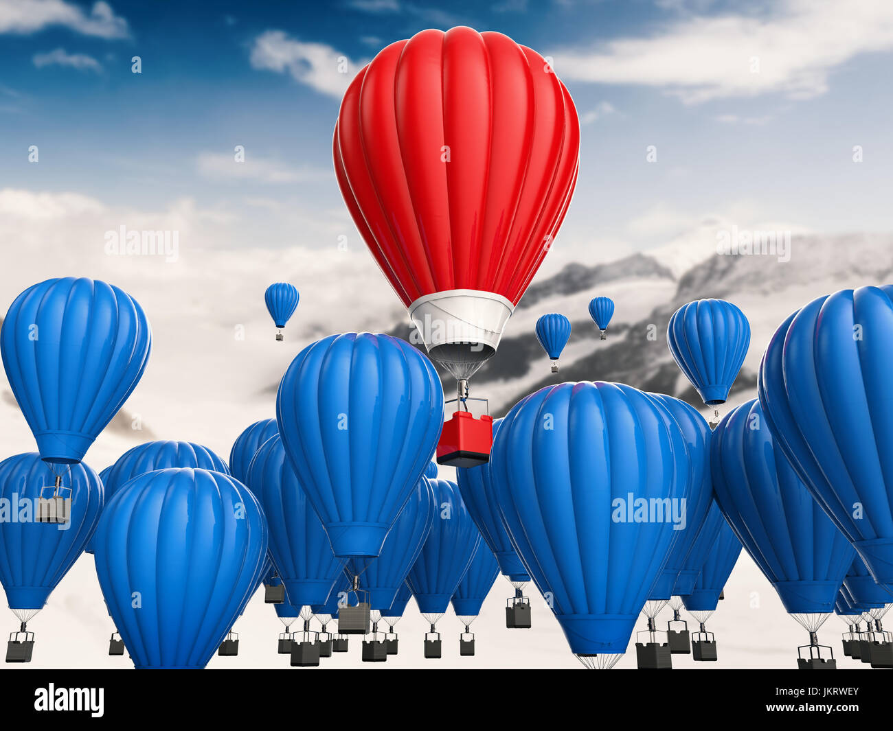 leadership concept with 3d rendering red hot air balloon flying above ...