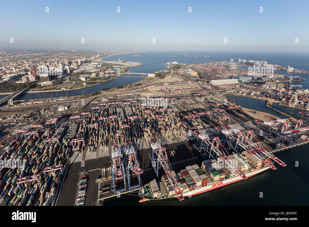 Long Beach, California, USA - July 10, 2017: Aerial view of port cargo ...
