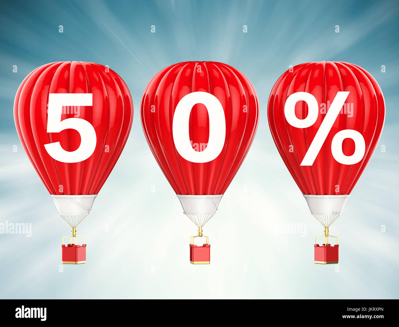 50% sale sign on 3d rendering red hot air balloons Stock Photo - Alamy