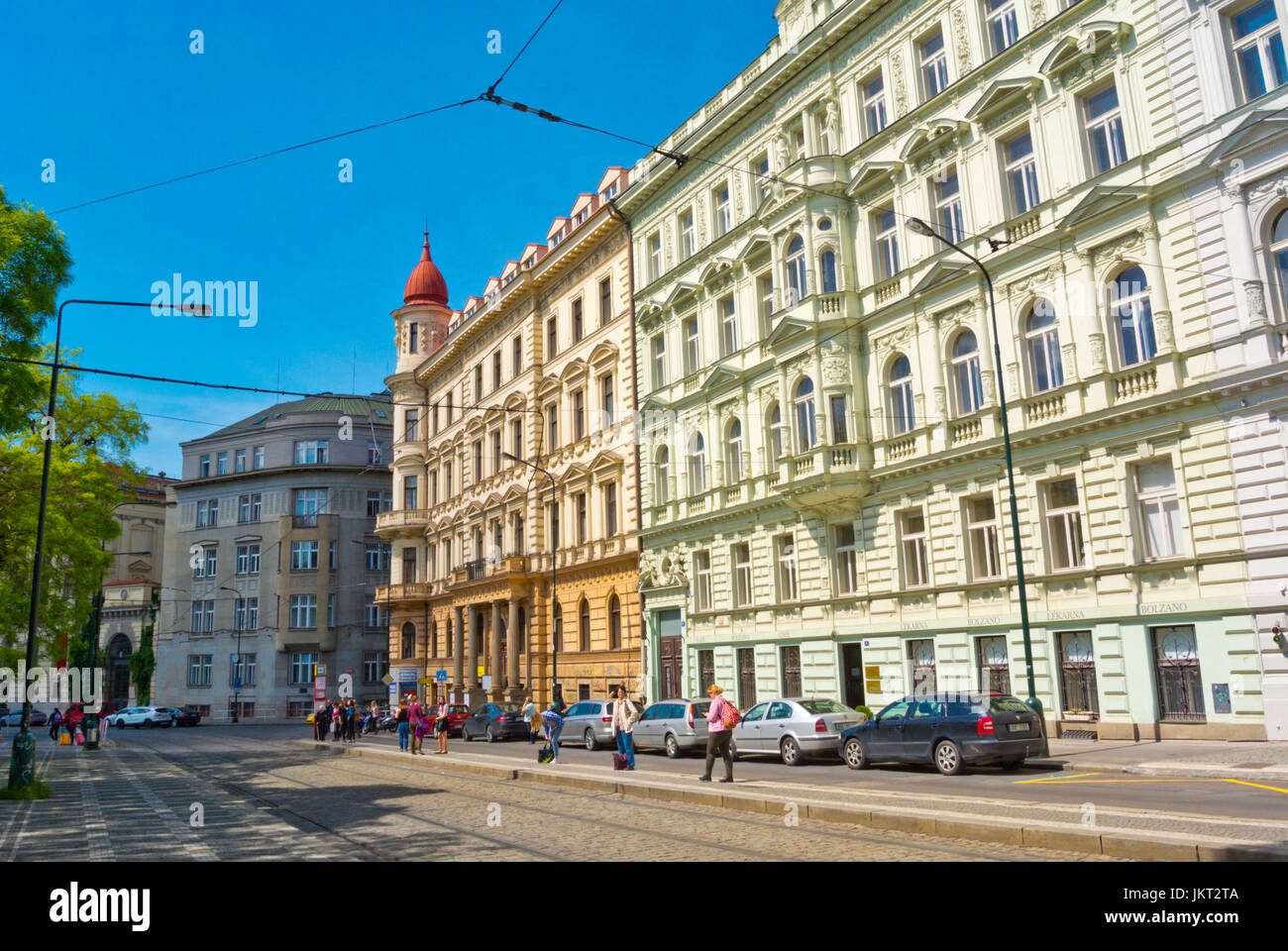 Bolzanova street, tram stop for Hlavni nadrazi, the main railway ...