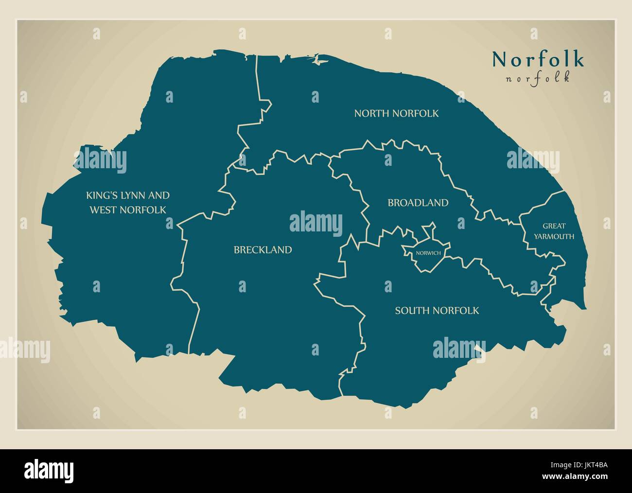 Modern Map - Norfolk county with detailed captions UK illustration ...