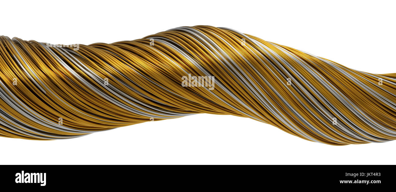 3d illustration of twisting gold and steel wires isolated on white ...