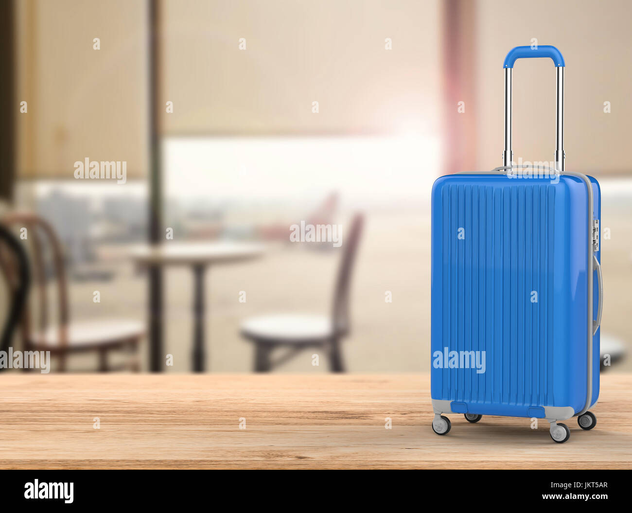 3d rendering blue hard case luggage with cafe background Stock Photo ...