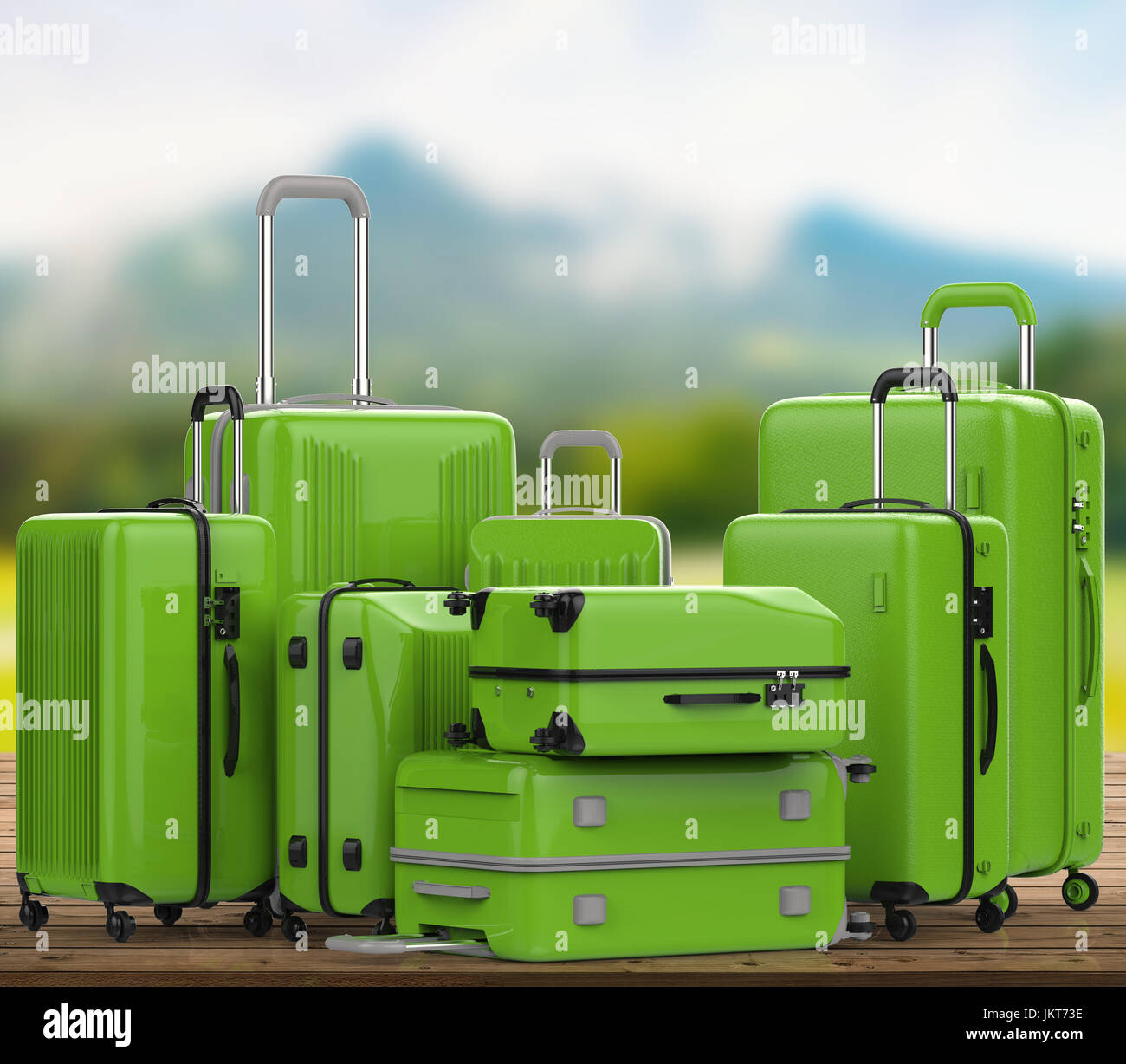 3d rendering green hard case luggages with nature landscape background ...