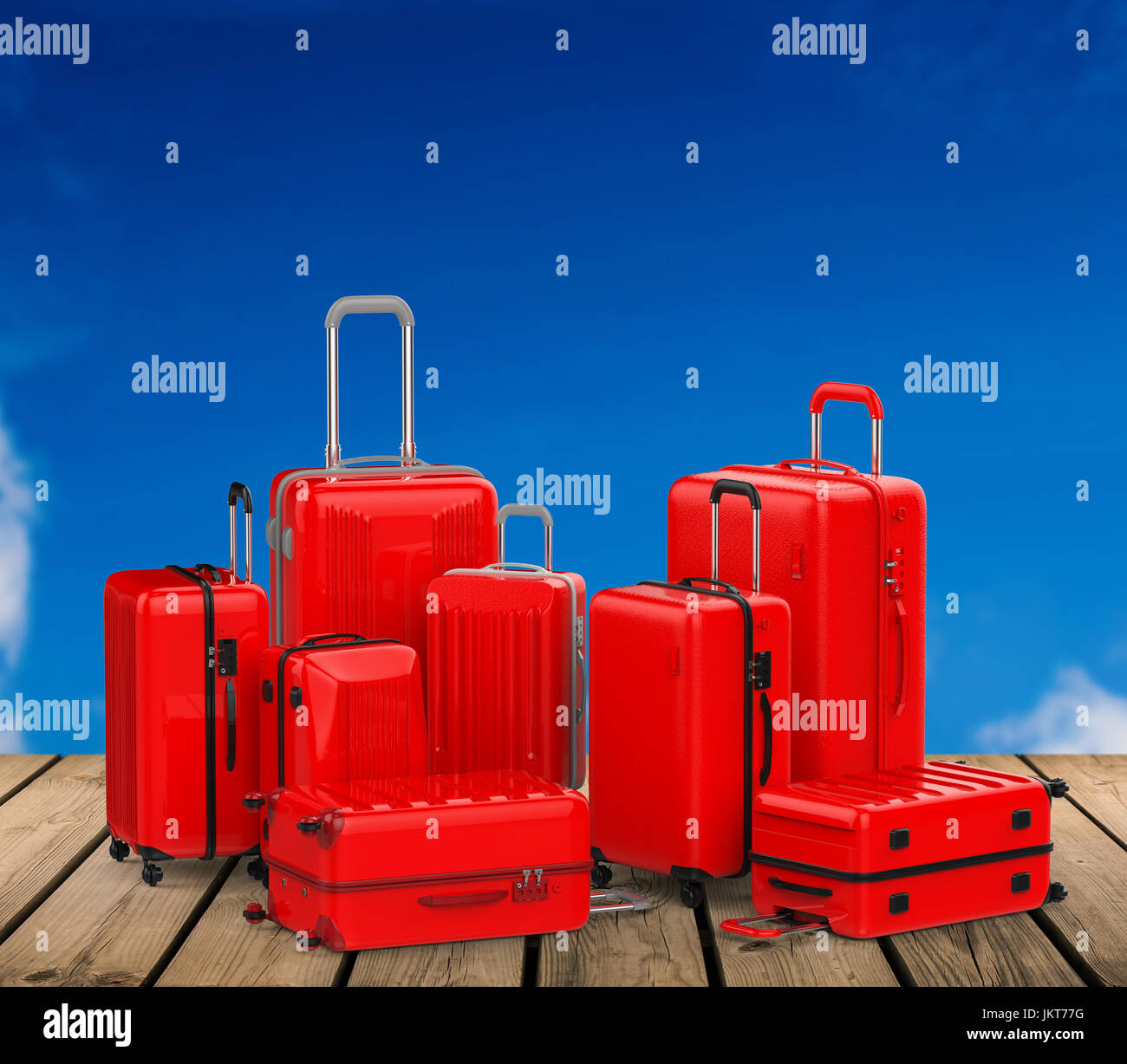 3d rendering red hard case luggages with blue sky background Stock ...