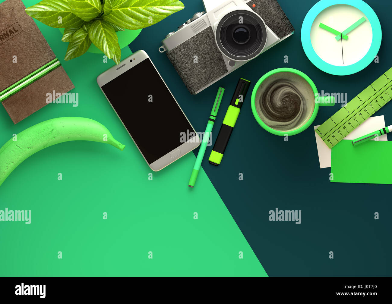 Top down view of modern work space office desk with essentials ...