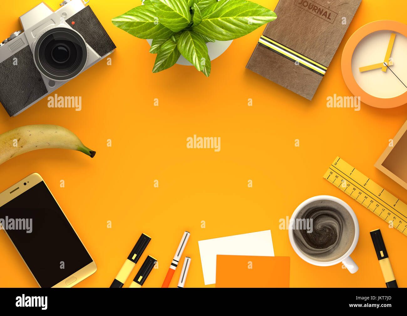 Top down view of modern work space office desk with essentials ...