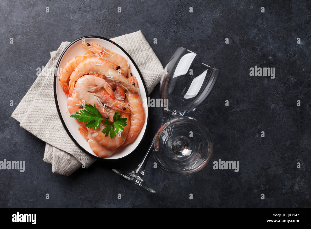 Fresh seafood on stone table. Shrimps. Top view with copy space Stock ...