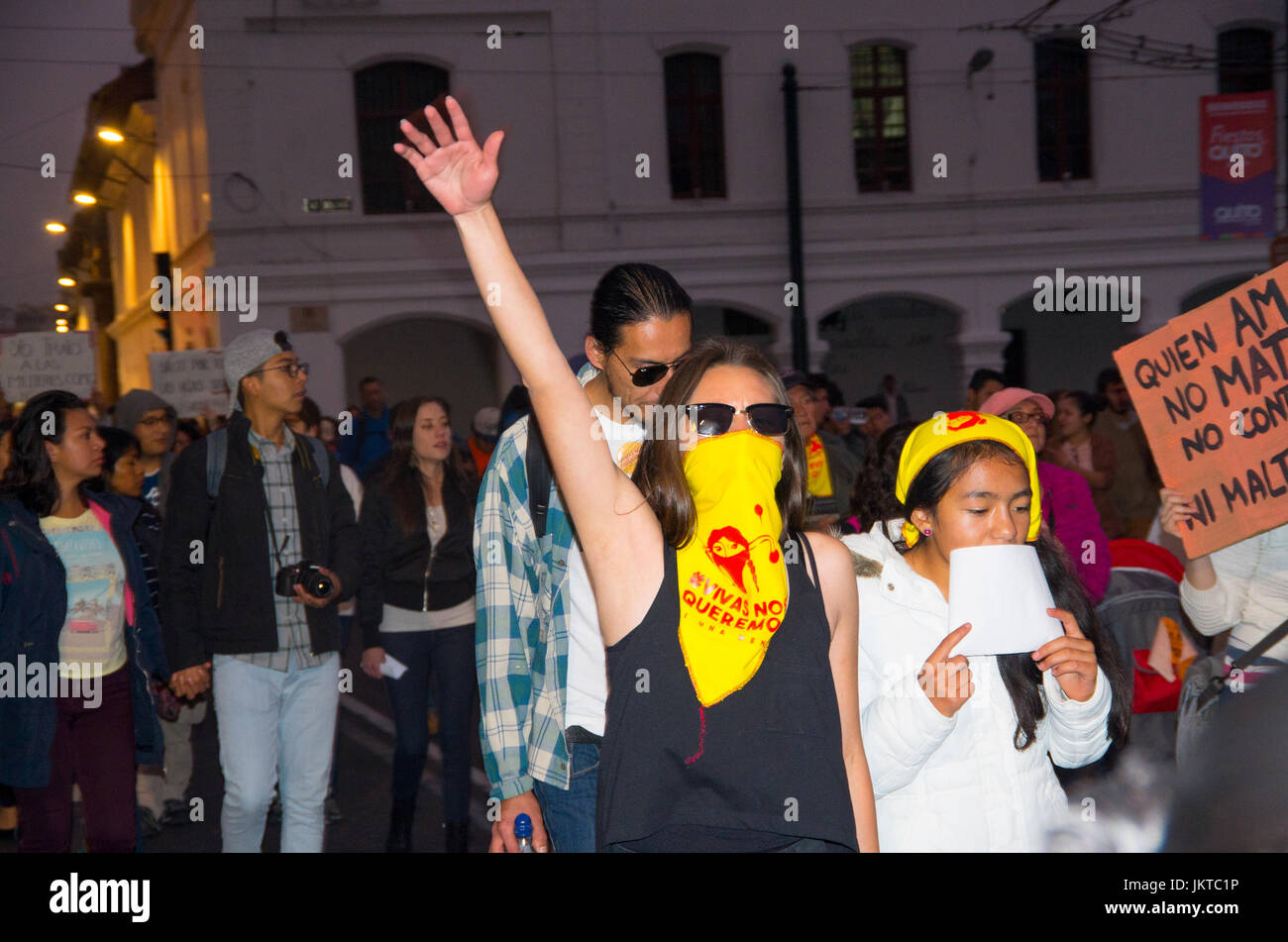QUITO, ECUADOR- MAY 06, 2017: Crowd of people holding a sign during a ...