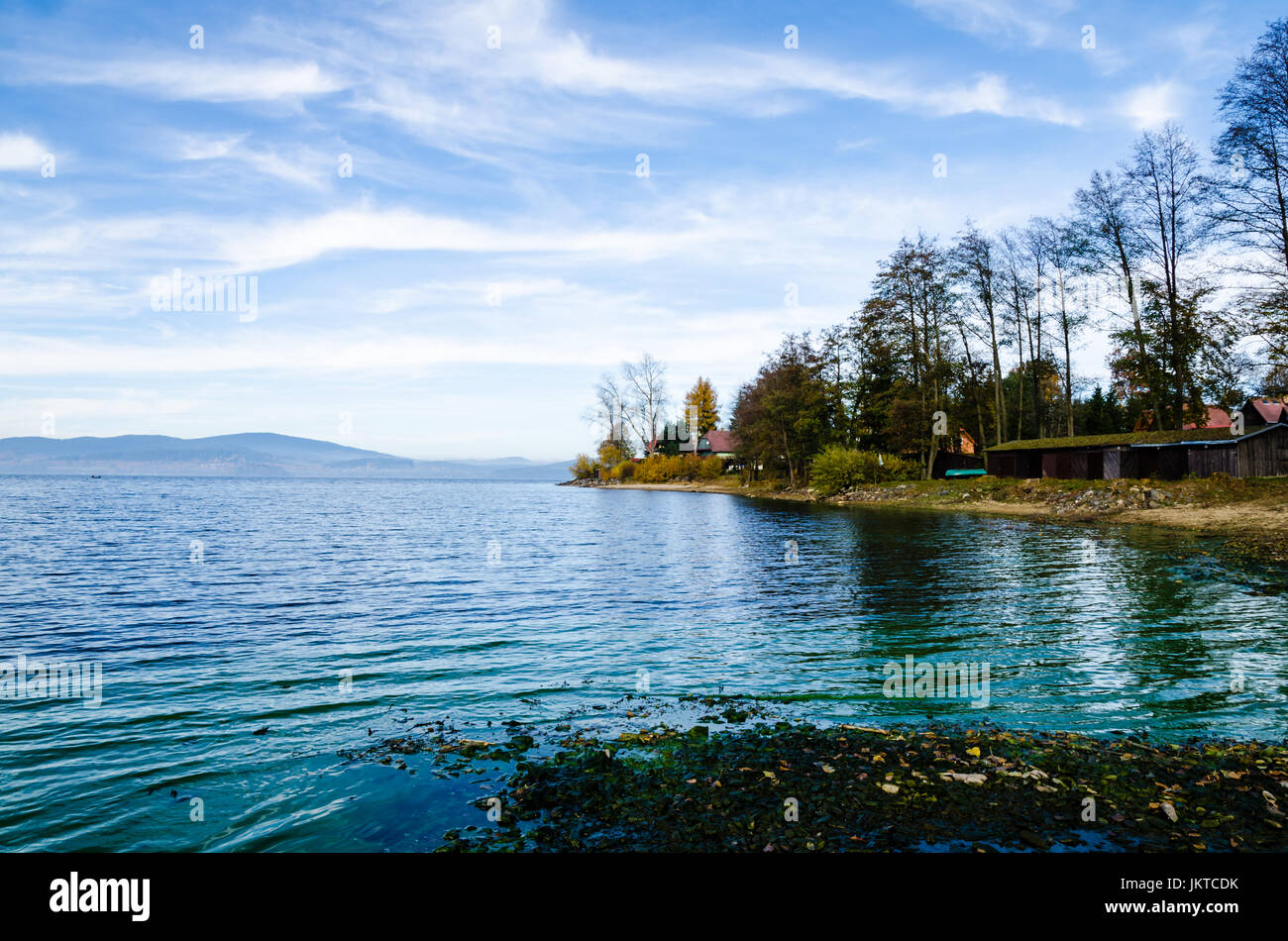 Shore of Lipno Lake with beach in autumn in Czech Republic. Nice view ...