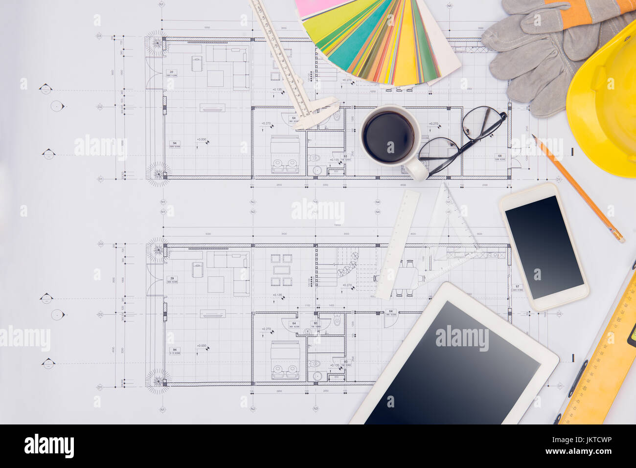 Workplace of architect. Architectural plan, technical project drawing ...