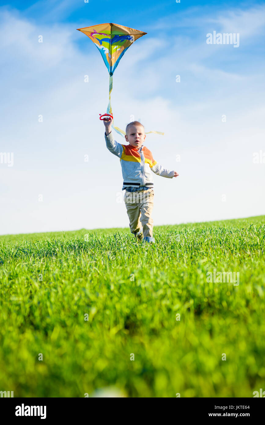 Young boy flies his kite in an open field. Little kid playing with kite ...
