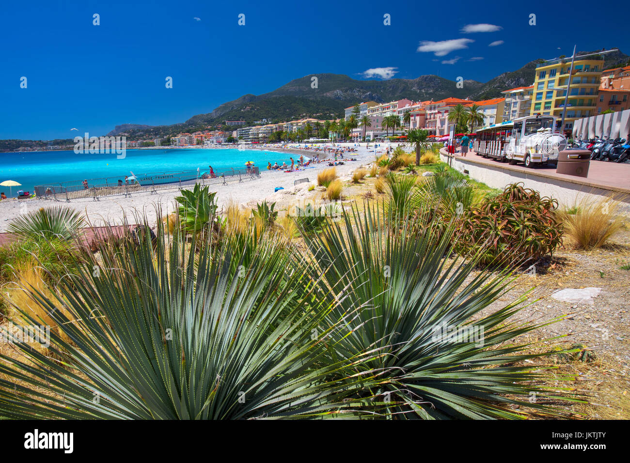 MENTON, ITALY - July 2017 - Menton city with coastline promenade ...
