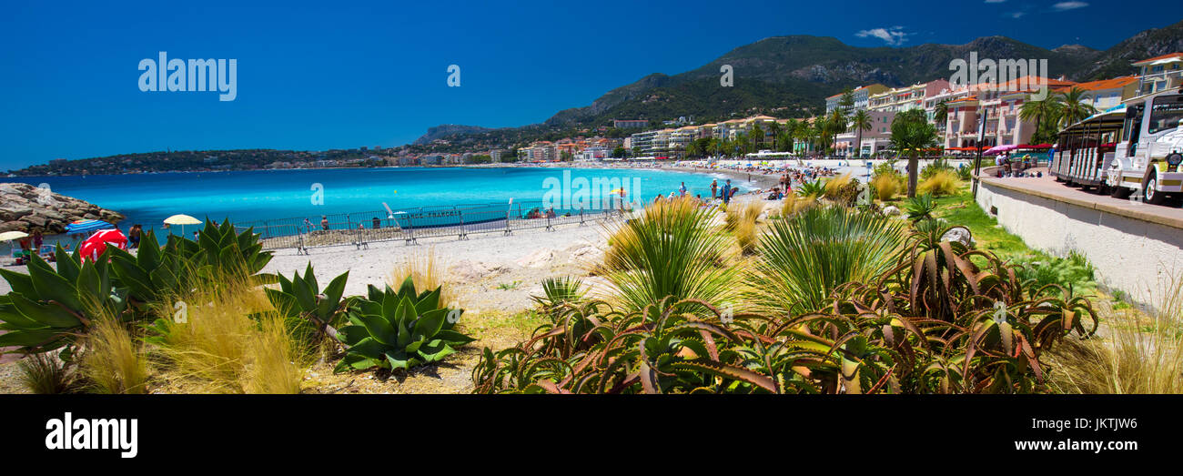 MENTON, ITALY - July 2017 - Menton city with coastline promenade ...
