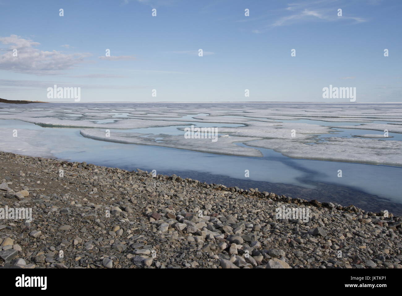 Broken pans of sea ice on ocean coast with blue sky and pebble beach along the Northwest Passage ...