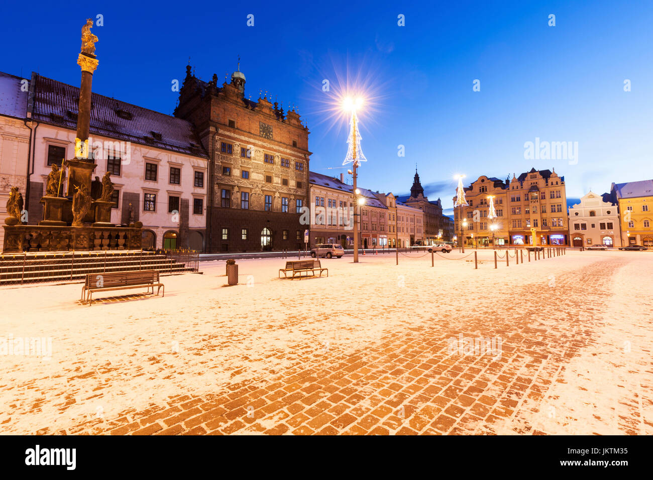 Plaque Pillar and old Town Hall on Republic Square in Pilsen. Pilsen ...