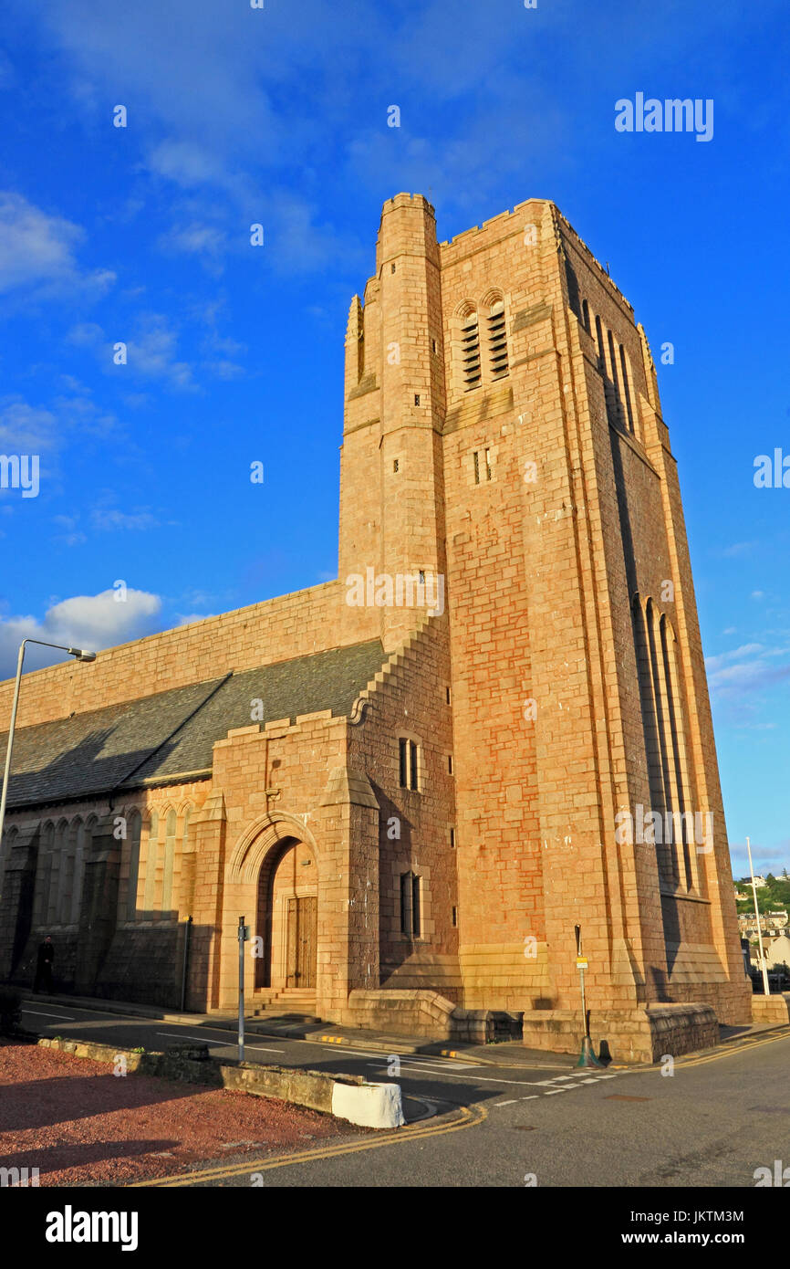 St Columba's RC cathedral, Oban, Scotland, bathed in evening sunlight ...