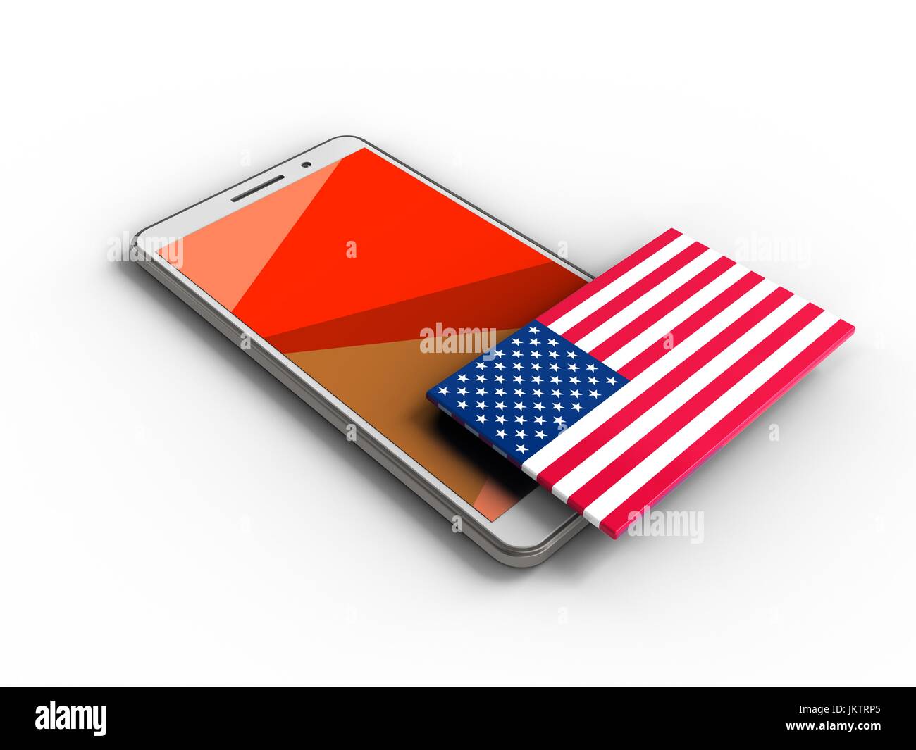 3d illustration of white phone over white background with USA flag ...