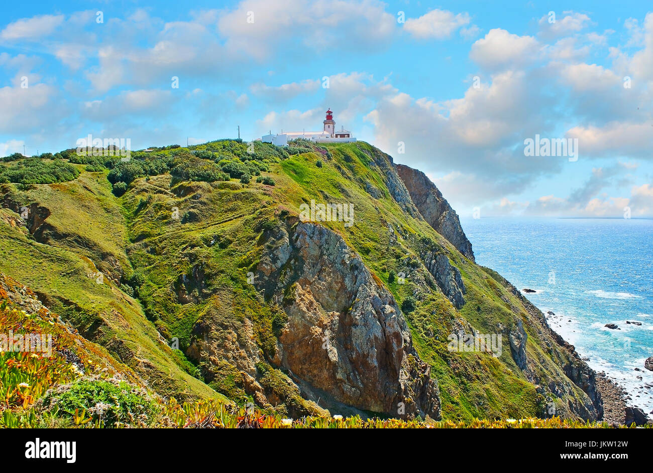 The lighthouse on the top of the cliff on Cabo da Roca (Cape Roca), the ...