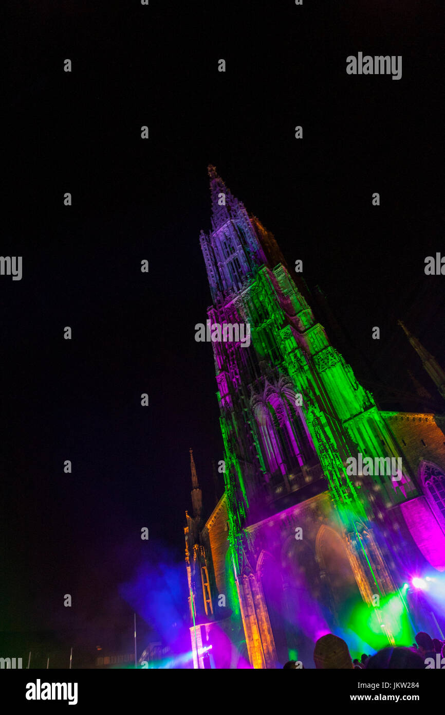 Ulm Minster with different light colours, world's tallest church spire ...