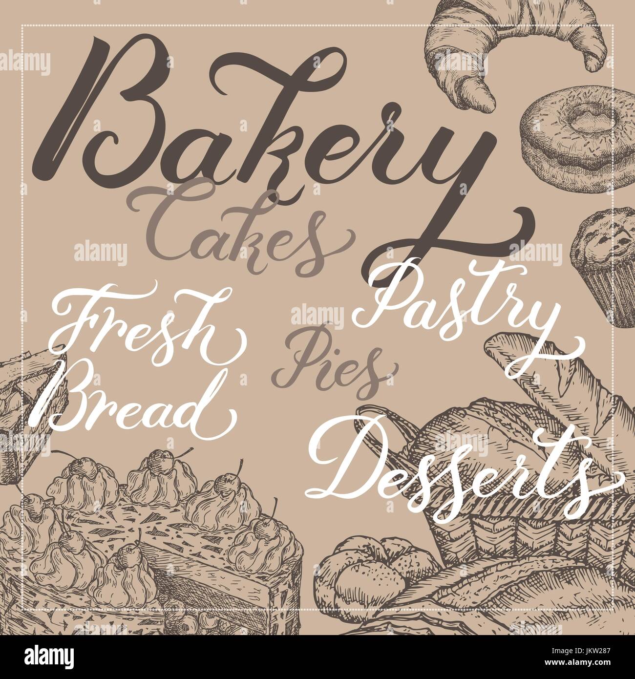 Bakery template with bread, pastry, cake, pie sketch and related ...