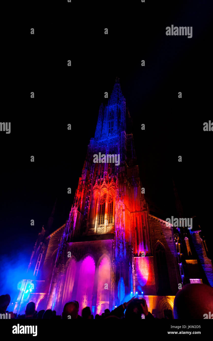 Ulm Minster with different light colours, world's tallest church spire ...
