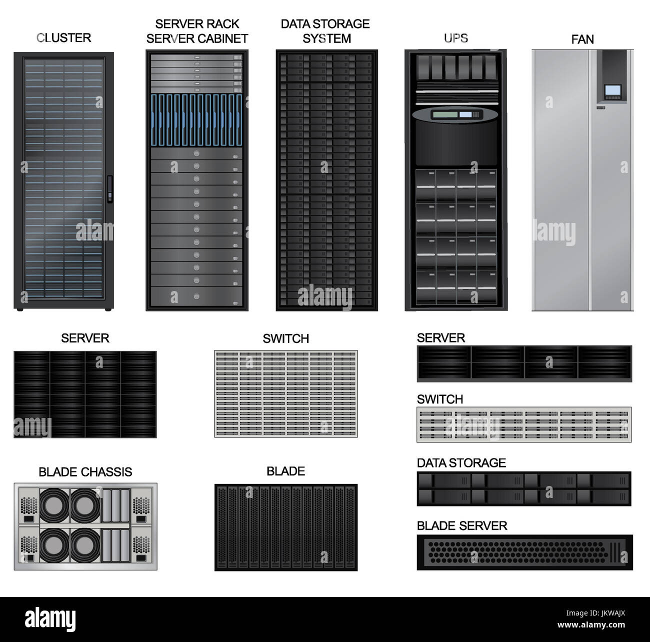 Server Room Equipment Vector Set Data Center Icon Collection Row Of