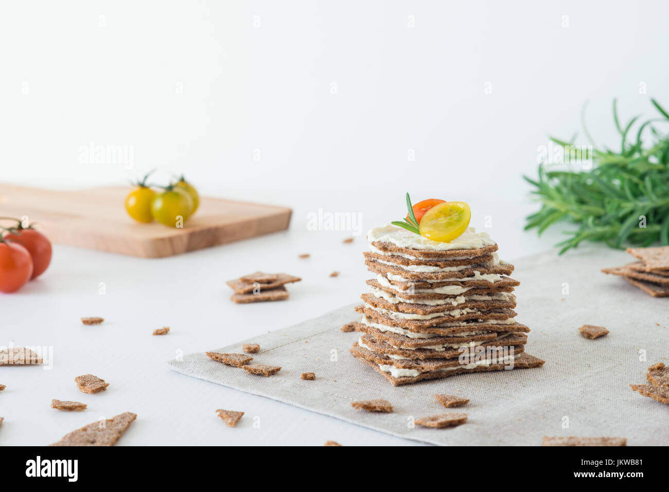 Rye crispy bread (Swedish crackers) stacked in the form of cake in ...