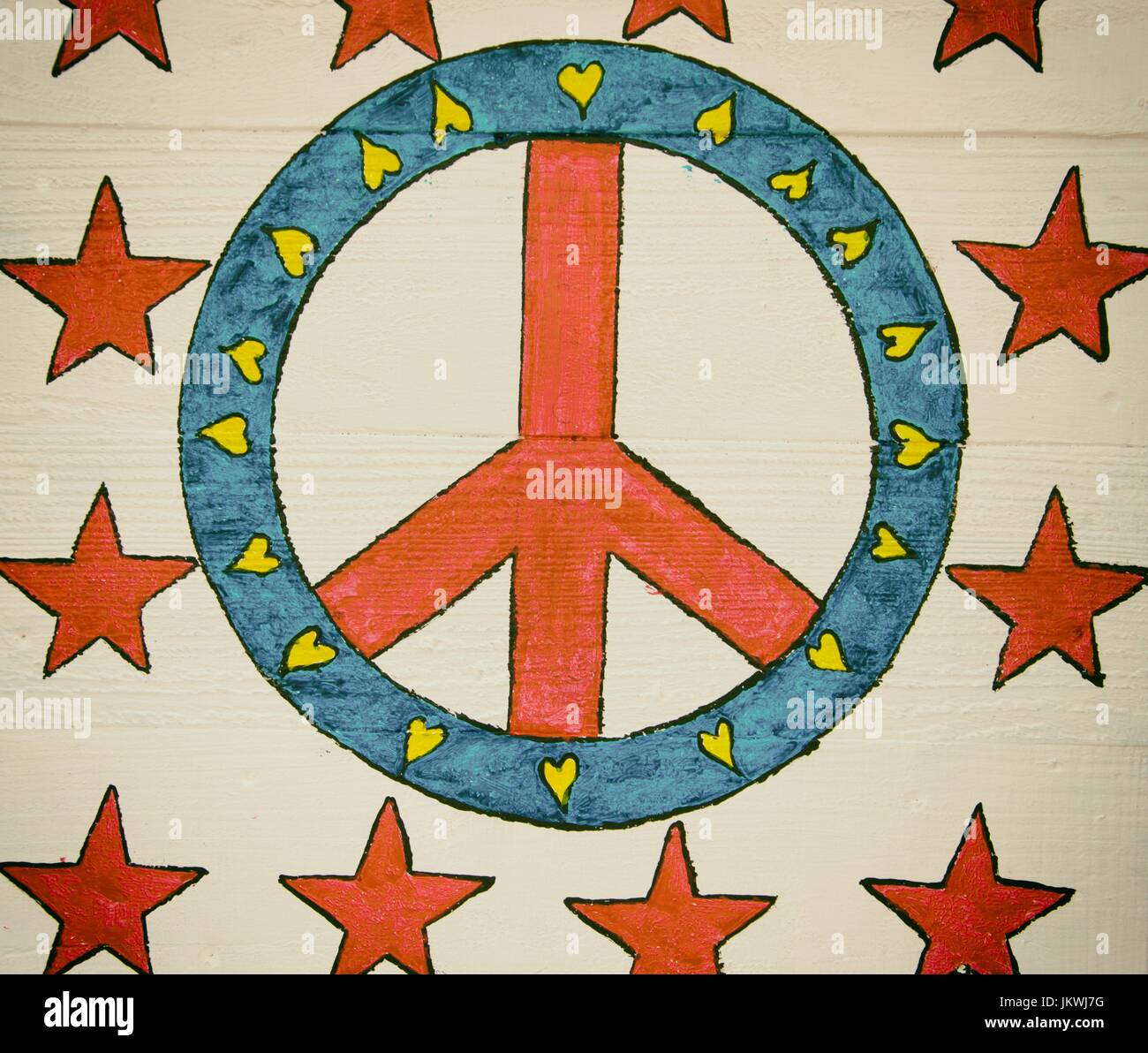 Retro hand painted peace symbol on wood panel background Stock Photo ...