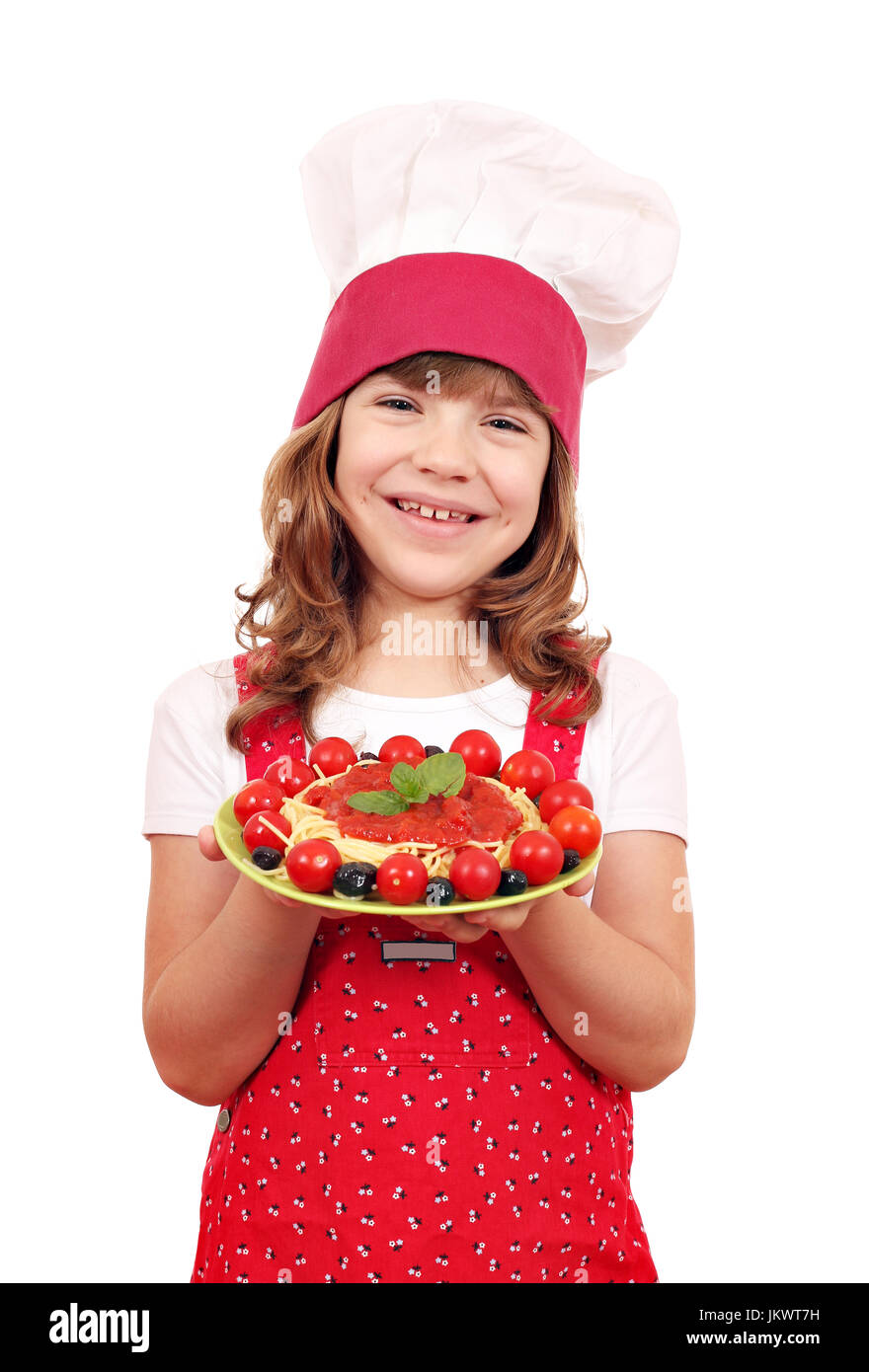 happy little girl cook with spaghetti Stock Photo - Alamy
