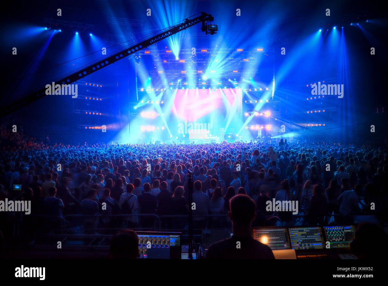 Technical preparation for the big concert indoors. Backstage Stock ...