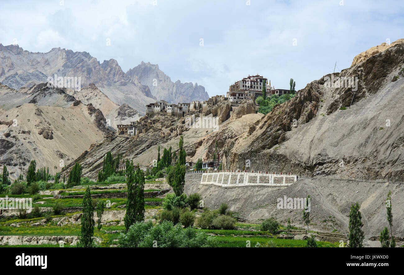 Green valley and mountain village in Ladakh, India. Ladakh is the ...