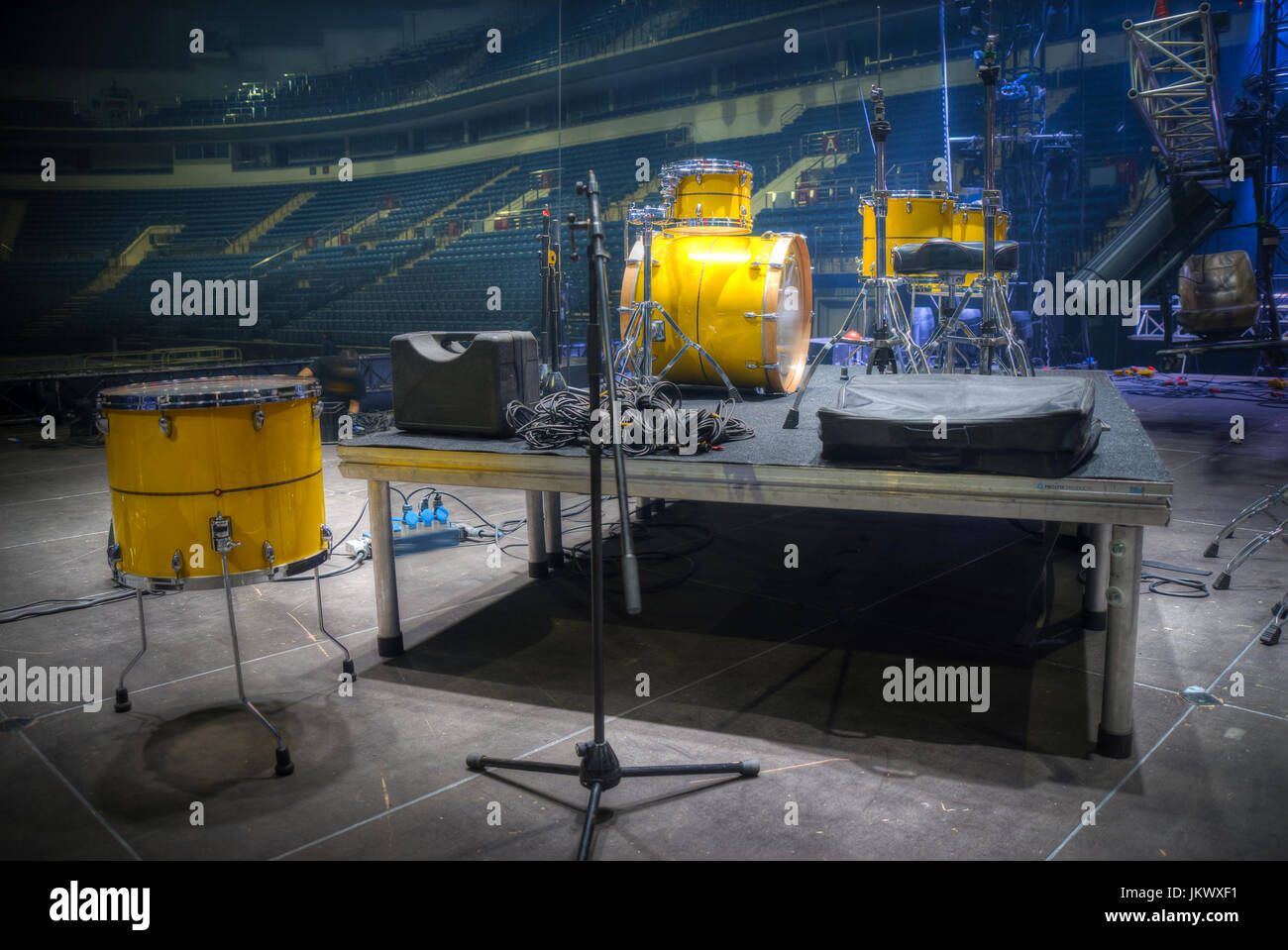 Technical preparation for the big concert indoors. Backstage Stock ...