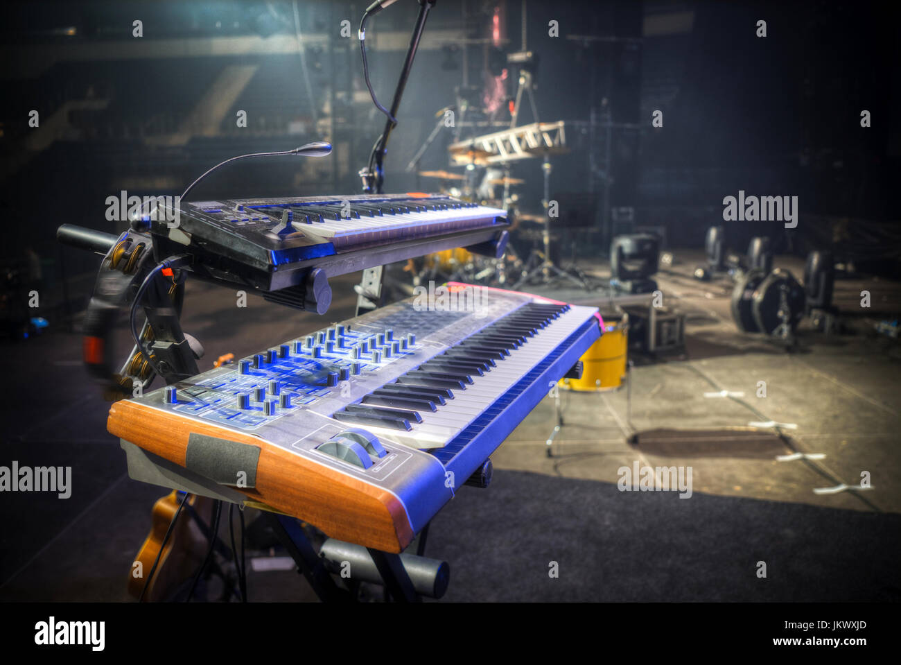 Technical preparation for the big concert indoors. Backstage Stock ...