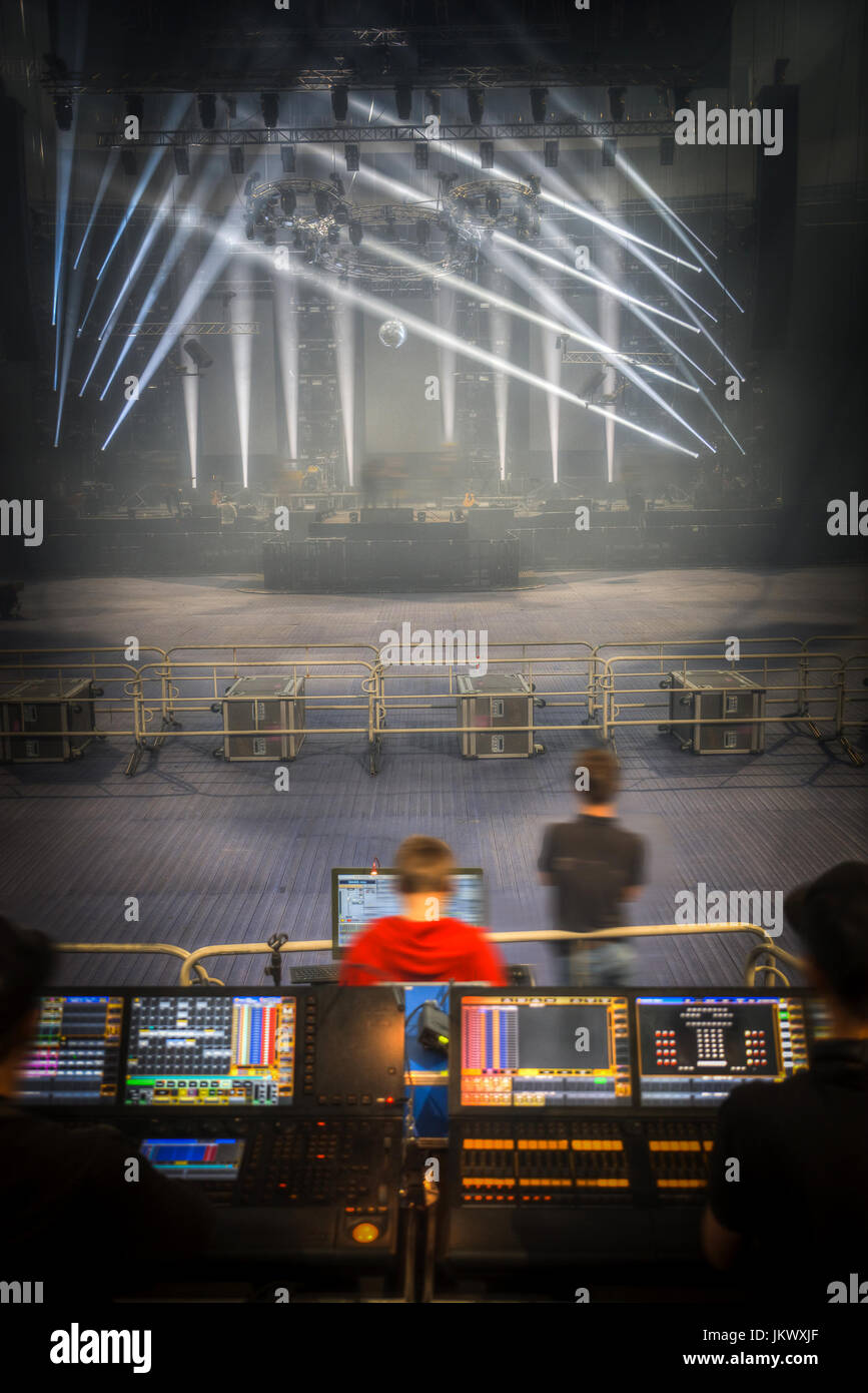 Technical preparation for the big concert indoors. Backstage Stock ...