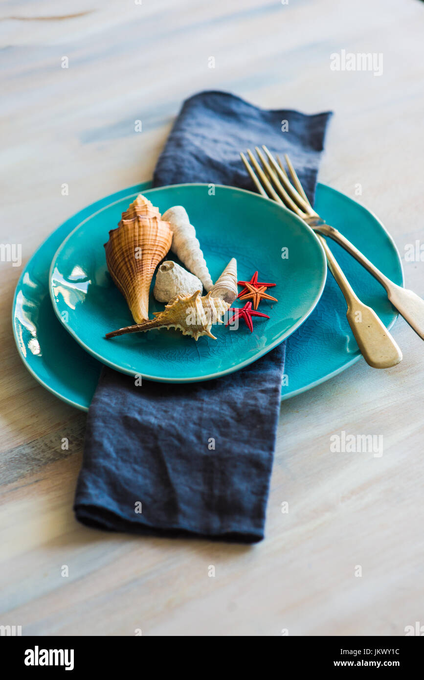 Summer vacation marine table setting with rustic plates and silverware ...
