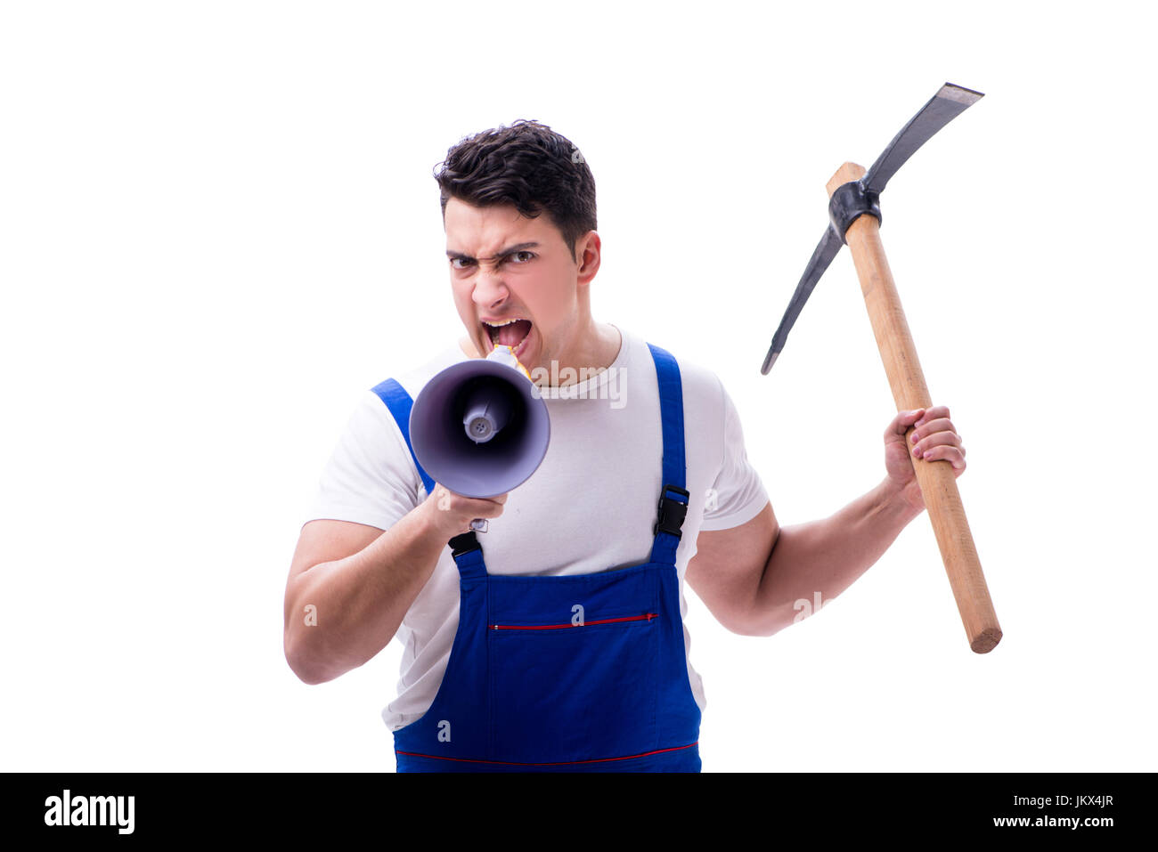 Repairman with megaphone and a digging axe on white background isolated ...