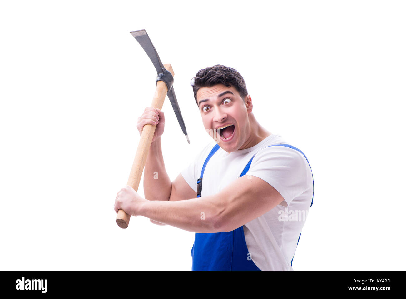 Man with a digging axe hoe on white background isolated Stock Photo - Alamy