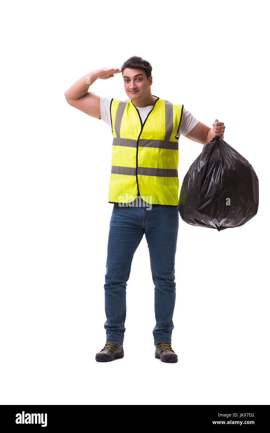 Man with garbage sack isolated on white Stock Photo - Alamy