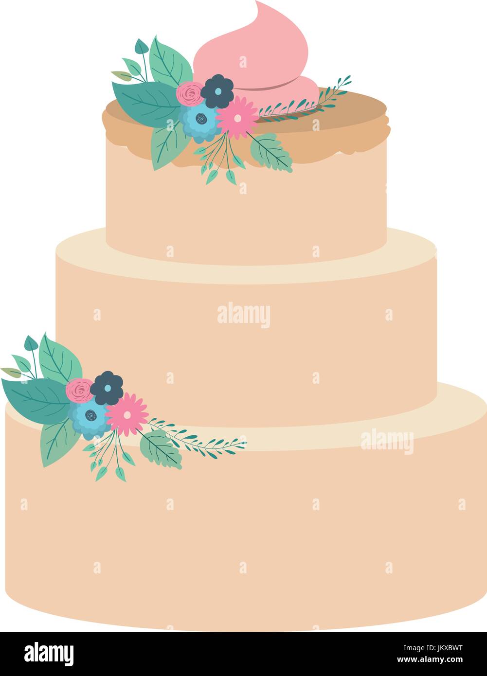 hand drawing color three-story cake with pink buttercream and ornament ...