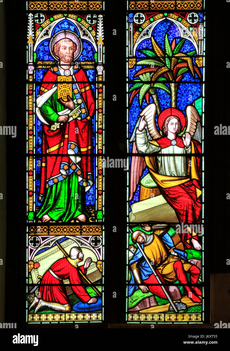 St. Peter, with keys to Heaven, resurrection scene, angel, stained ...