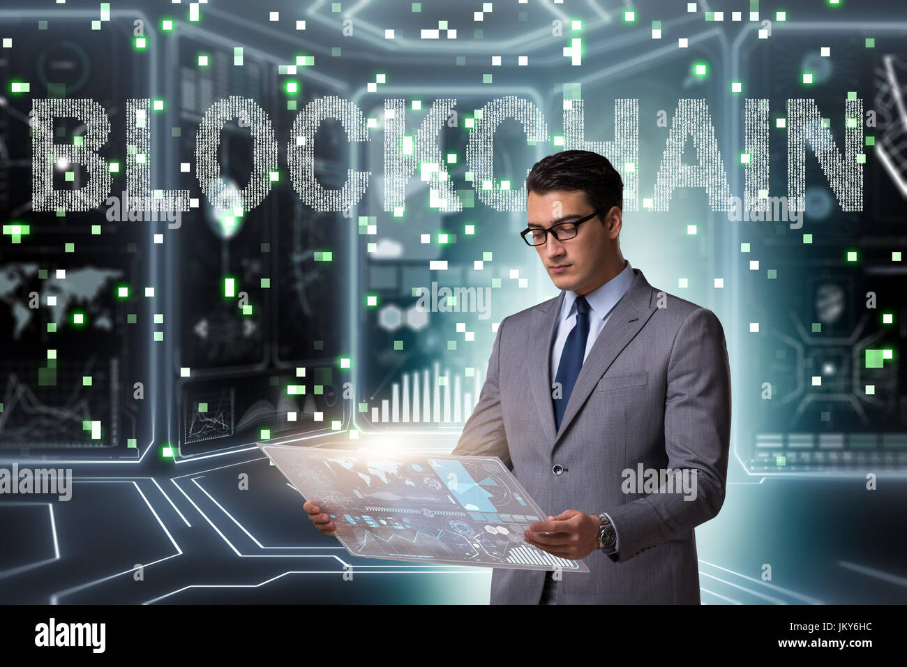 Businessman in blockchain cryptocurrency concept Stock Photo - Alamy