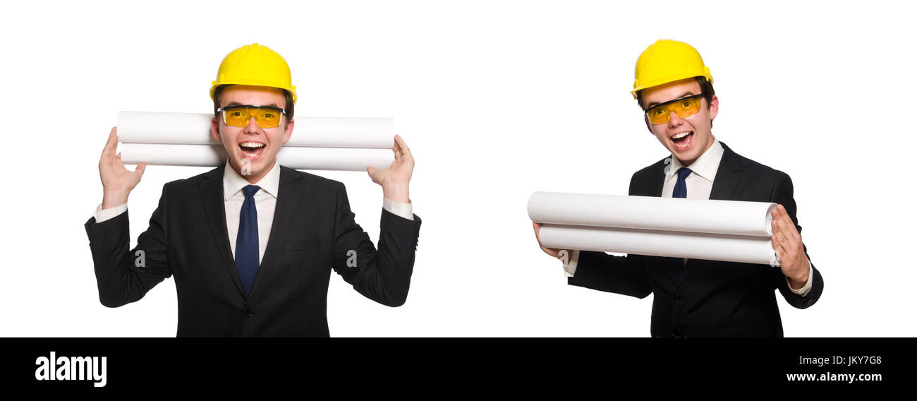 Funny architect with drawings on white Stock Photo - Alamy