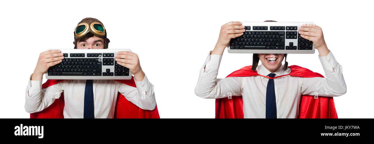 Funny hero with keyboard isolated on the white Stock Photo - Alamy