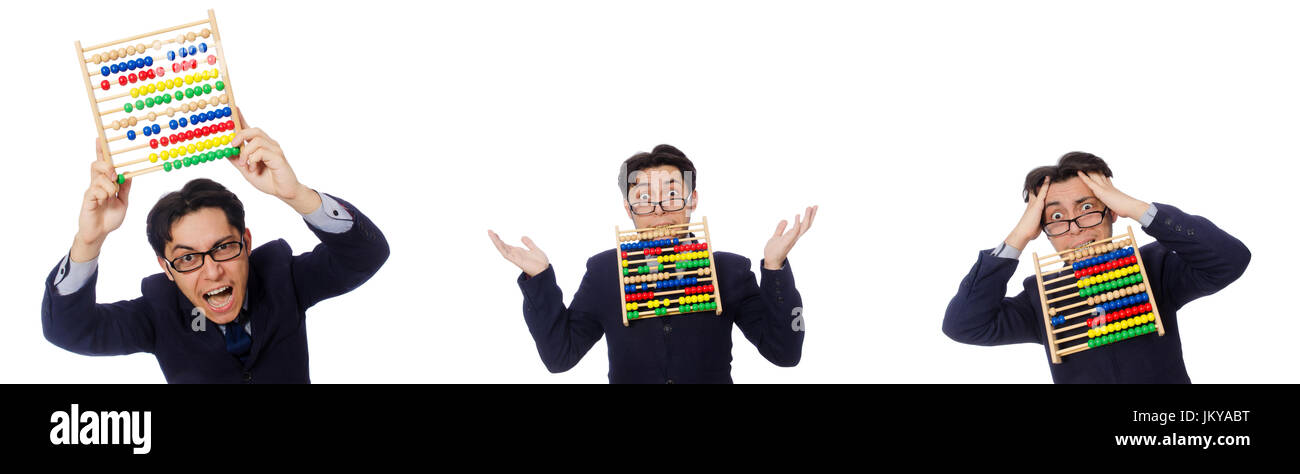 Angry accountant with abacus isolated on white Stock Photo - Alamy