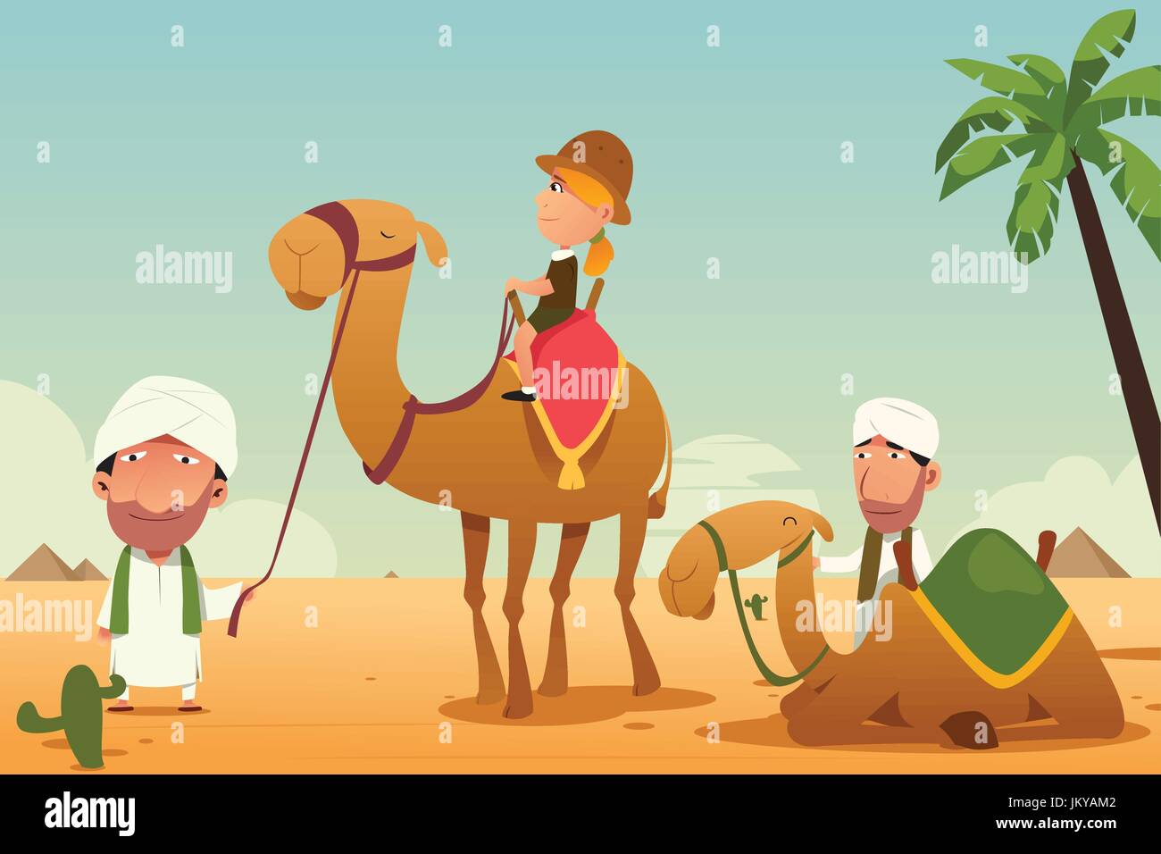 A vector illustration of Female Tourist Riding a Camel in the Desert ...