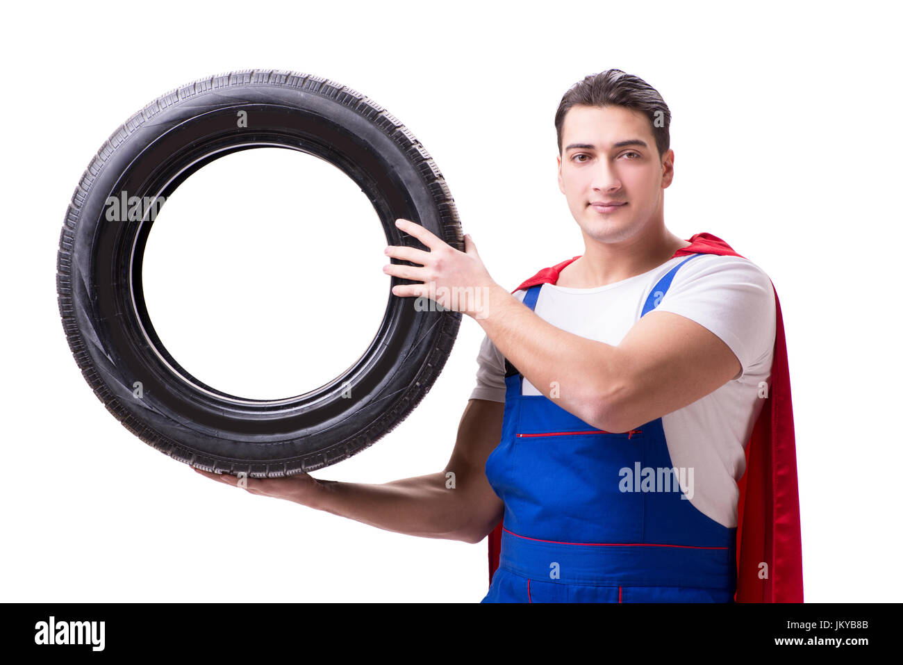 Superhero man with tyre isolated white background Stock Photo - Alamy
